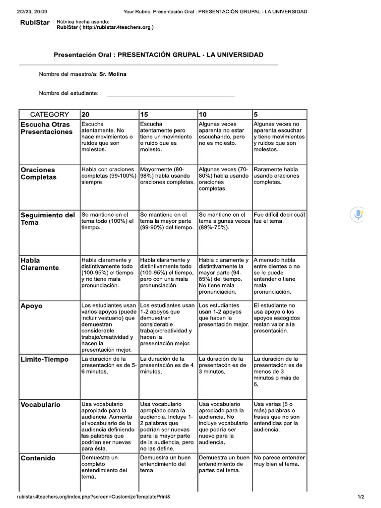 Rúbrica de Presentación | PDF