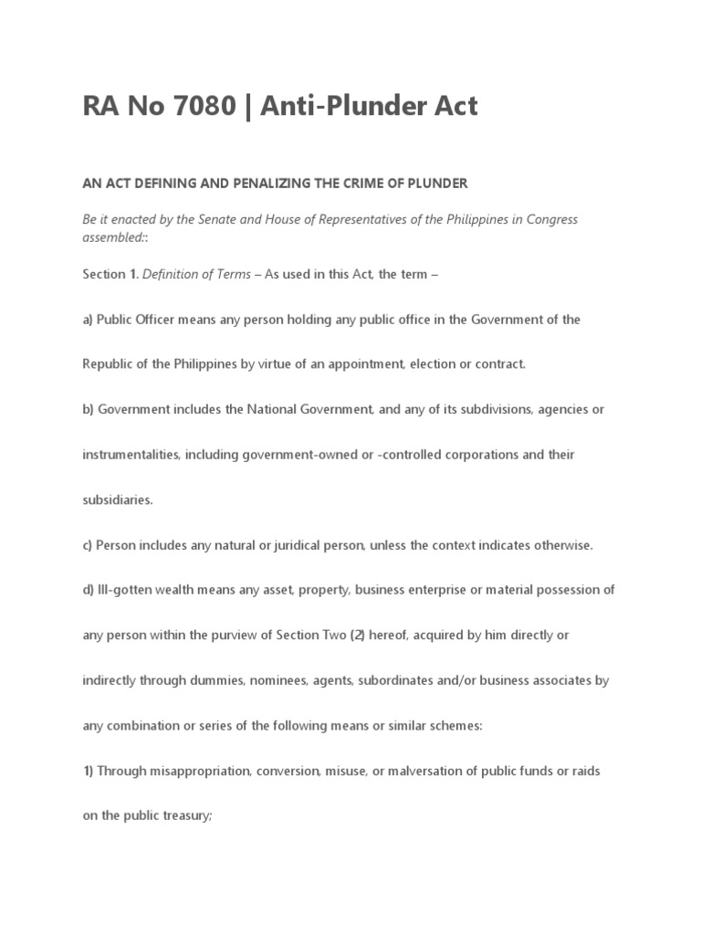 RA No 7080 Anti-Plunder Act | PDF | Crimes | Crime & Violence