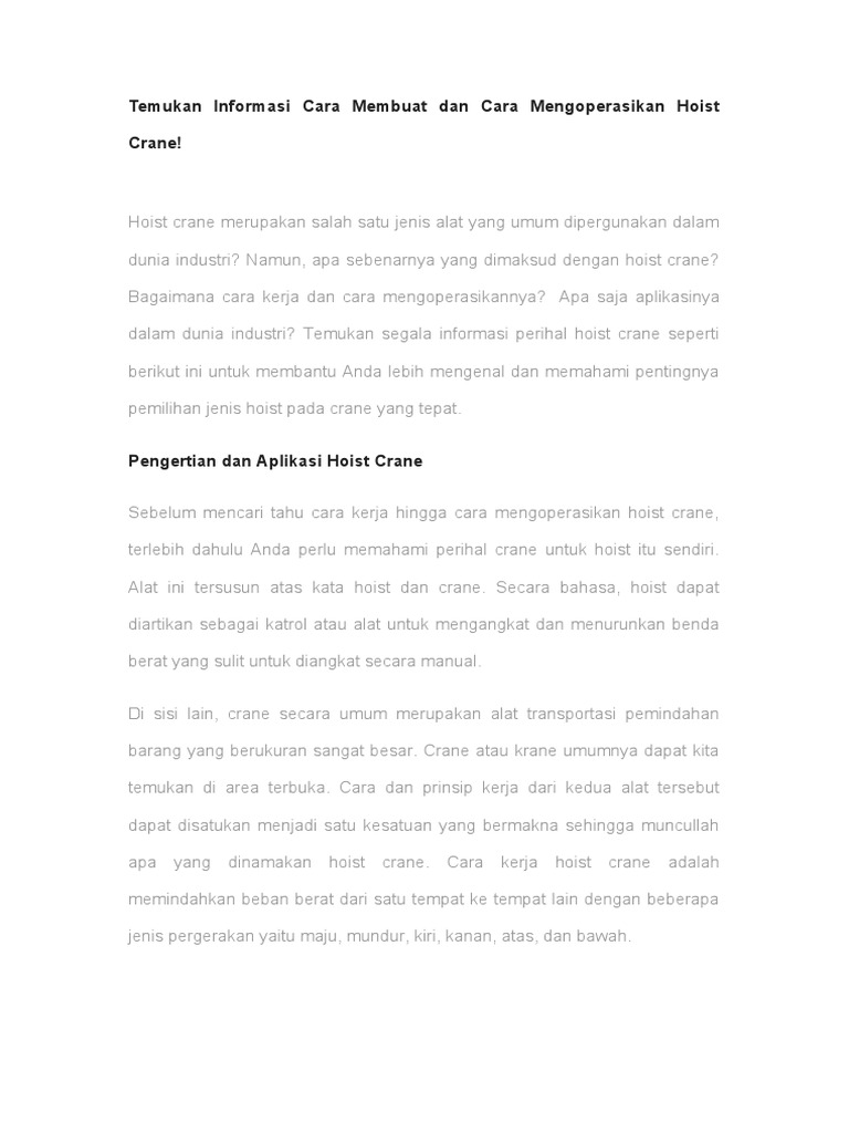 Panduan Lengkap Hoist Crane: Cara dan Tips | PDF | Bisnis | Teknologi ...