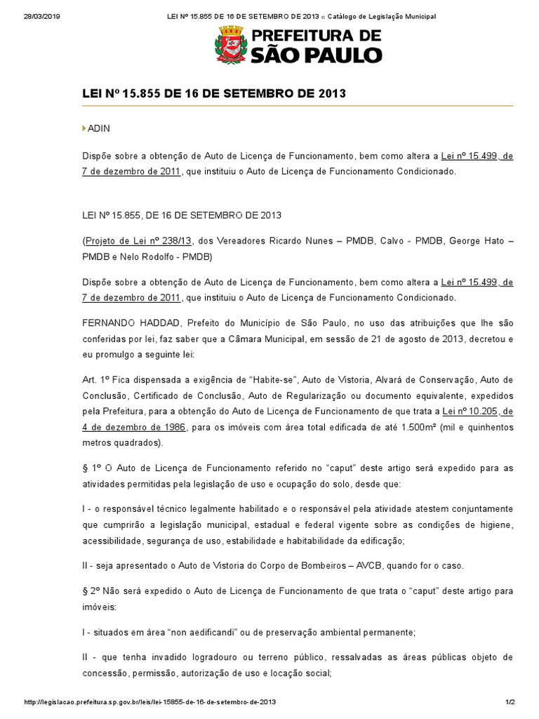 LEI 15.855 - 2013 - Sobre A Obtenção de Auto de Licença de ... LEI 15.855 - 2013 - Sobre A Obtenção de Auto de Licença de ...