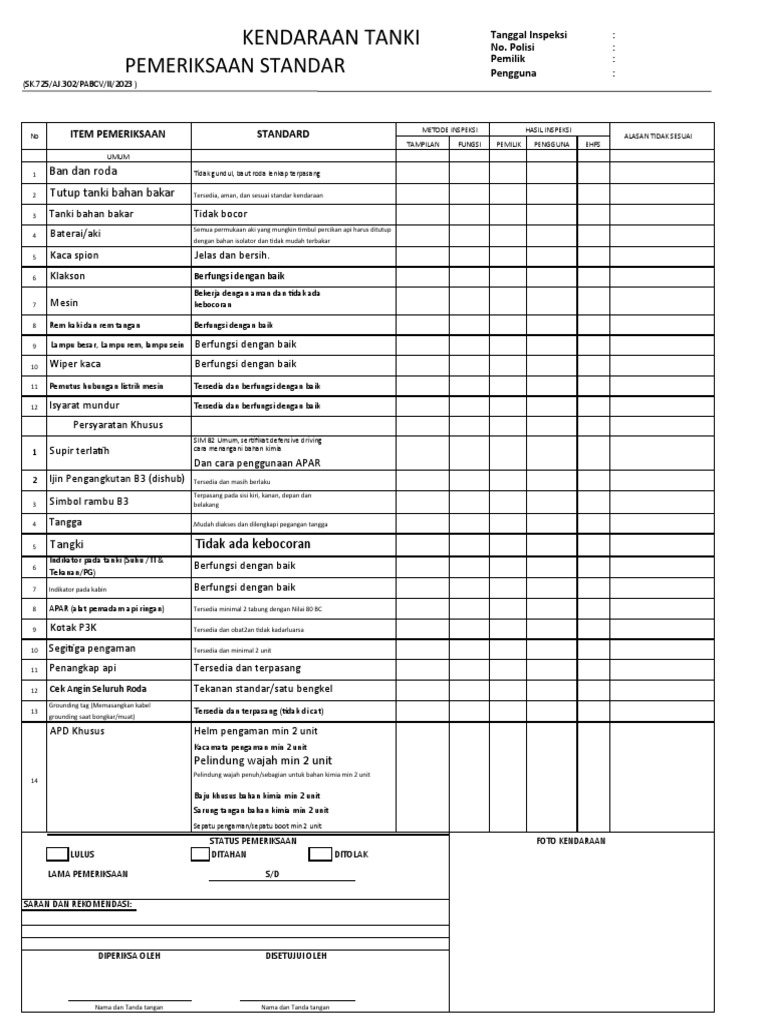 Form Checklist Inspeksi Kendaraan Tanki | PDF