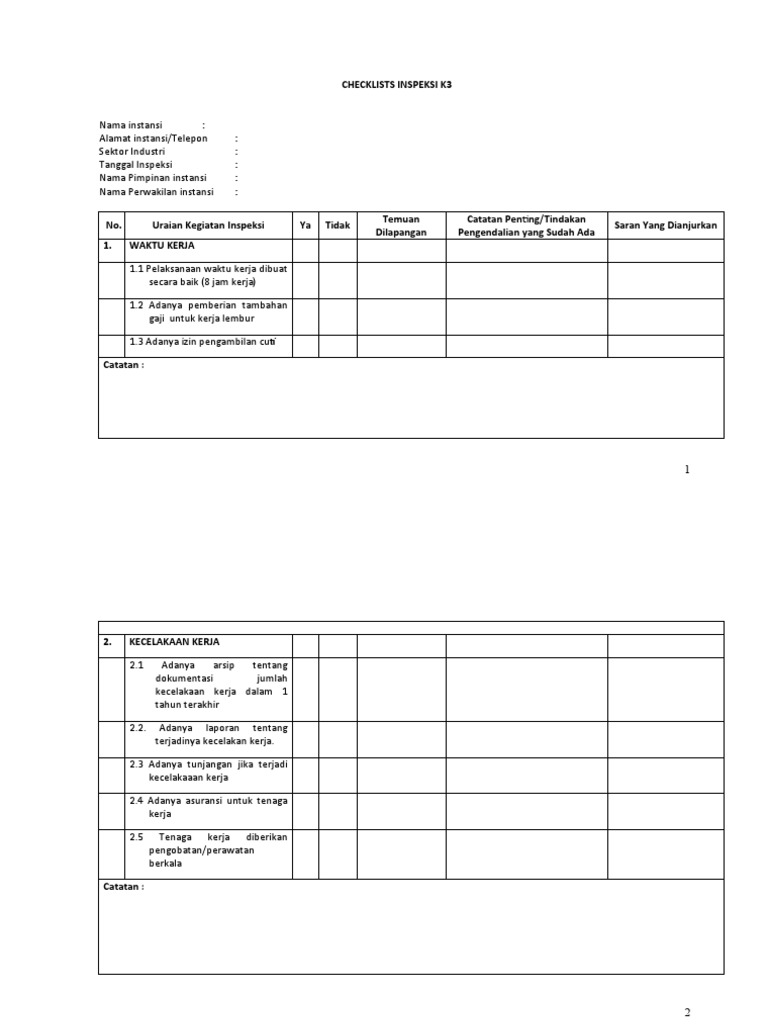 23 Form Checklists Inspeksi K3 | PDF