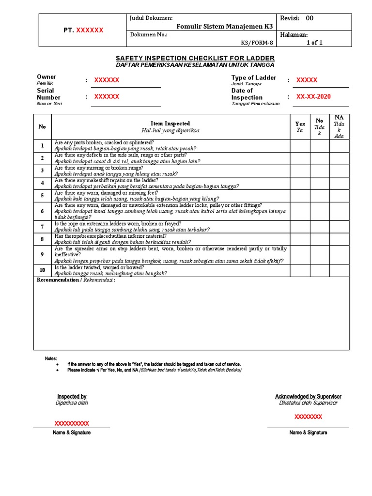 Checklist Inspeksi Keselamatan Tangga | PDF