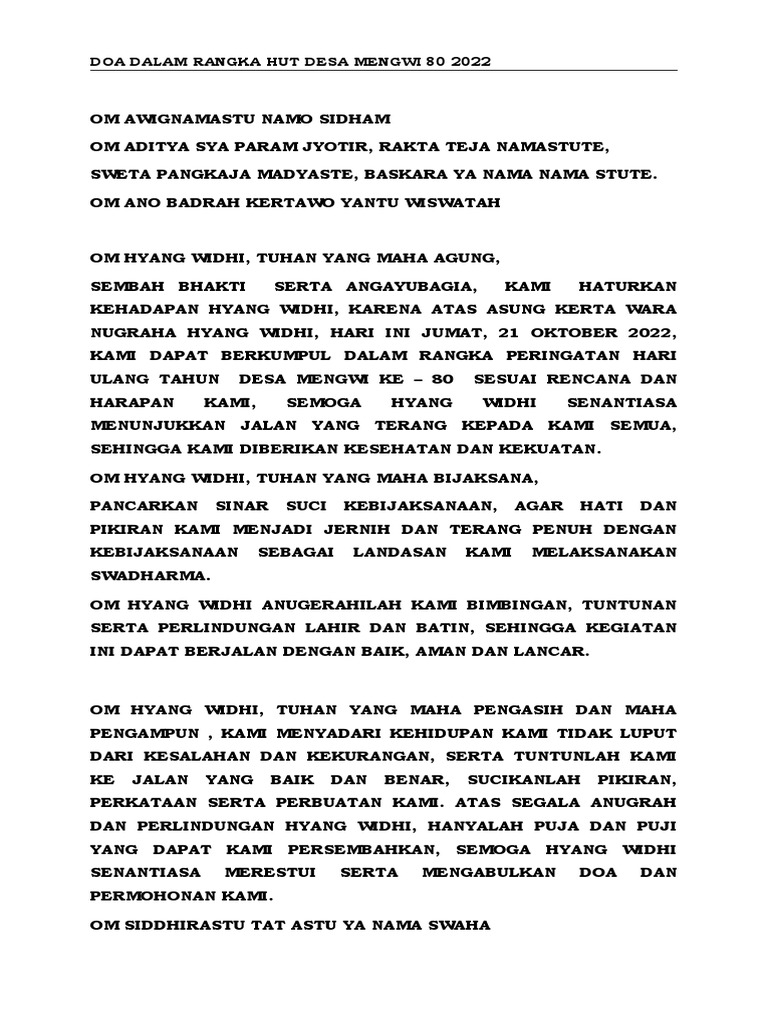 Doa Dalam Rangka Hut Desa Mengwi 80 2022 | PDF