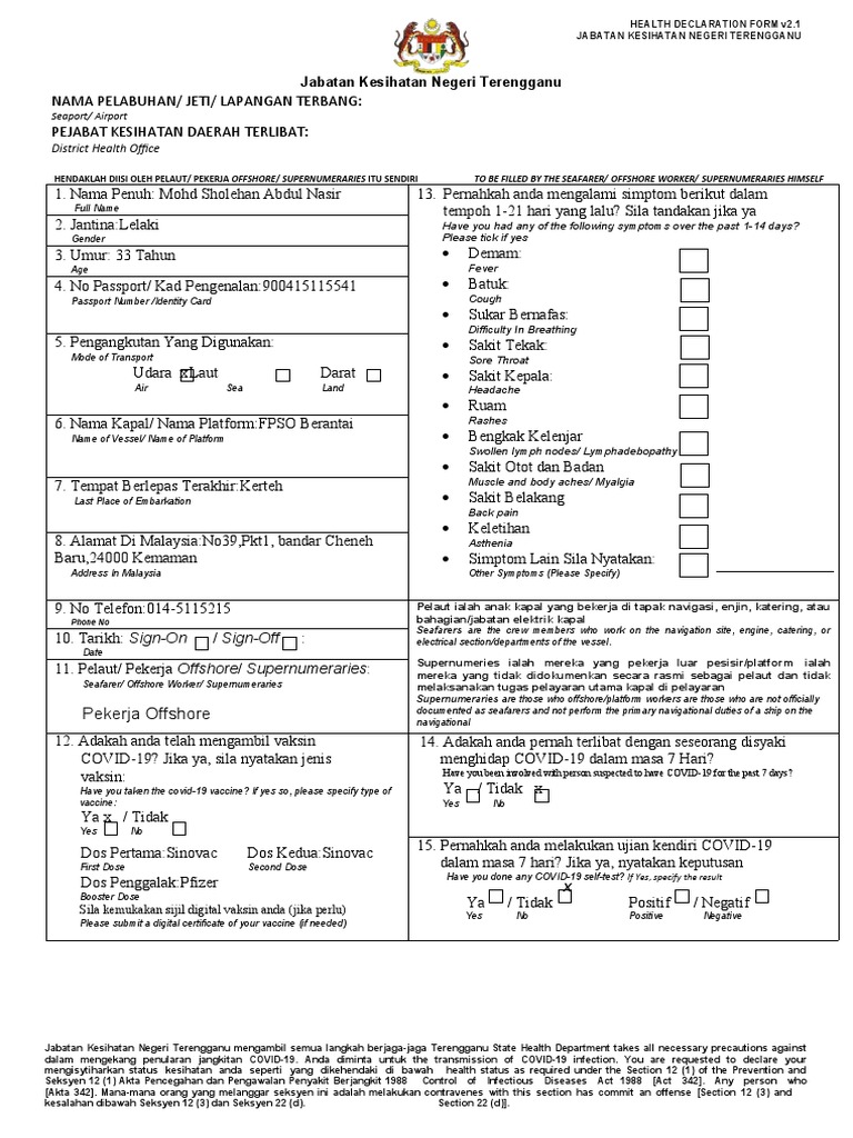 Borang Deklarasi Kesihatan v2.1 | PDF