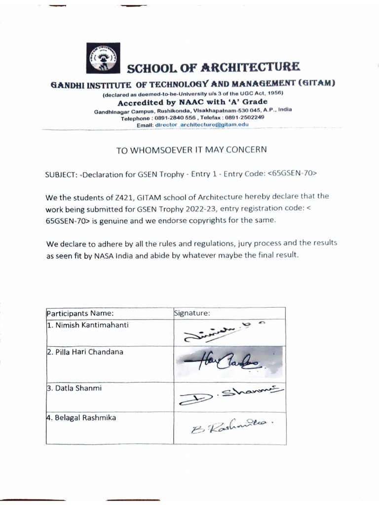 Declaration For GSEN Trophy - Entry 1 - Entry Code - 65GSEN-70 | PDF