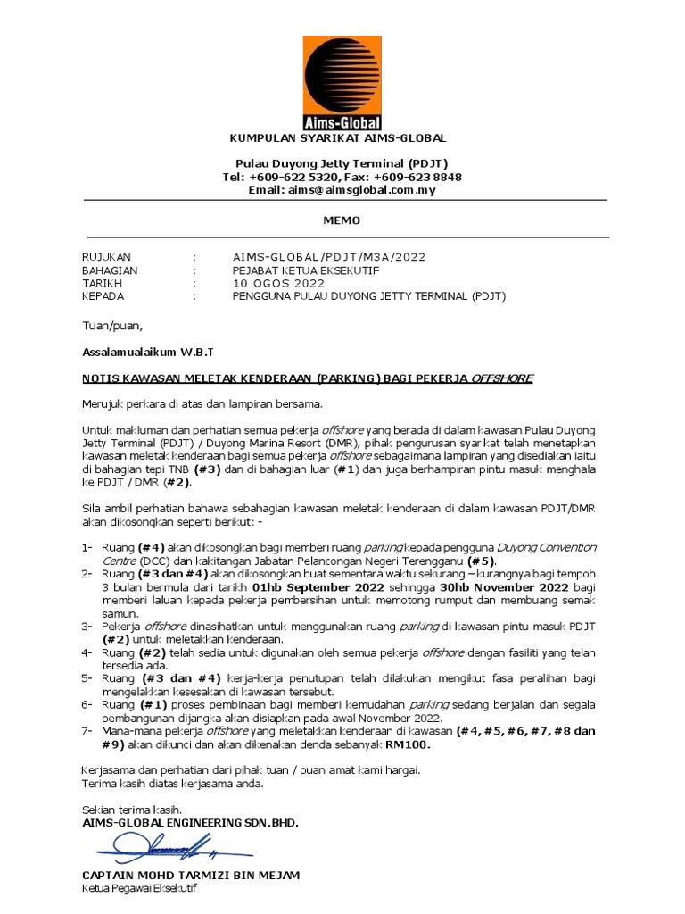 PDJT Memo Parking (MALAY VERSION) | PDF