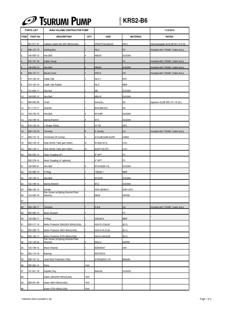 Parts List - KRS2-B61 | Download Free PDF | Screw | Pump