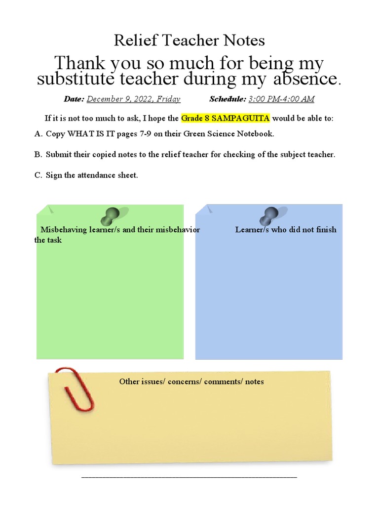 Substitute Teacher Notes | PDF | Social Science | Wellness