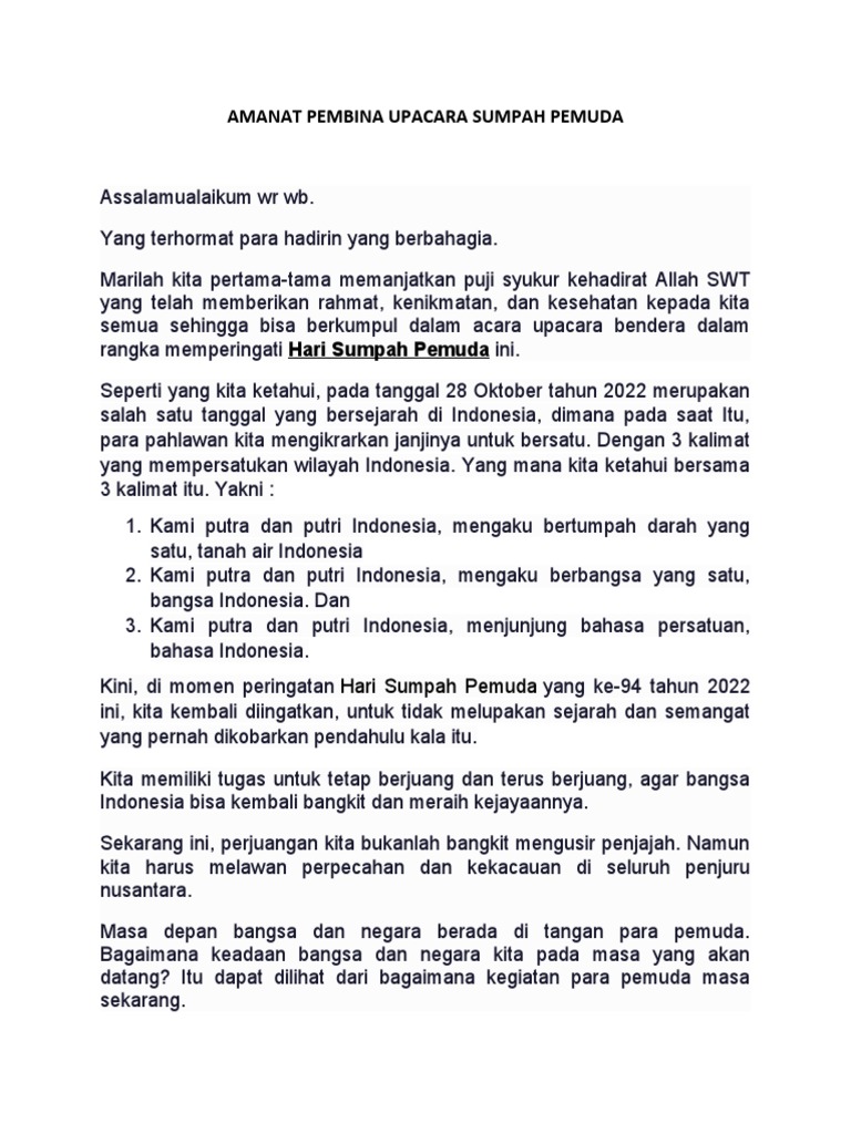 Amanat Pembina Upacara Sumpah Pemuda | PDF
