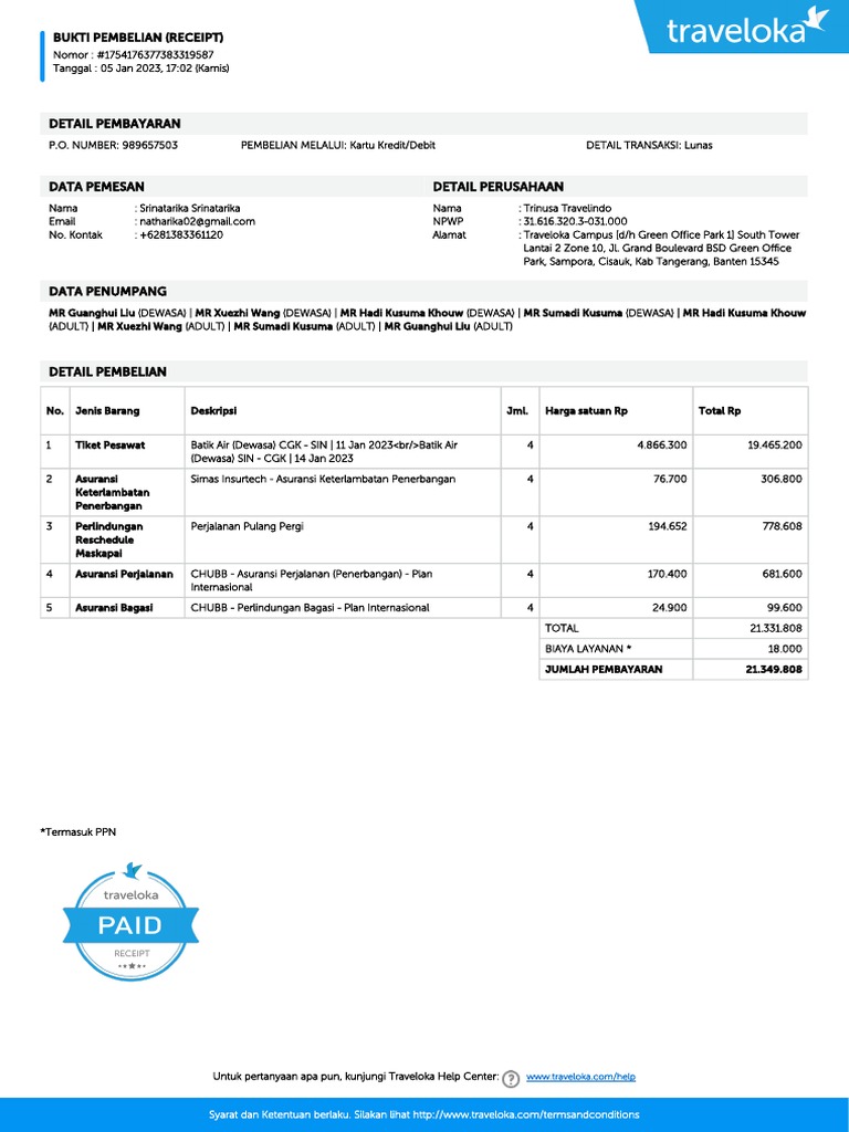 Invoice Airplane Ticket MR Liu MR Wang Pak Sumadi Pak Hadi CGK-SG-CGK | PDF