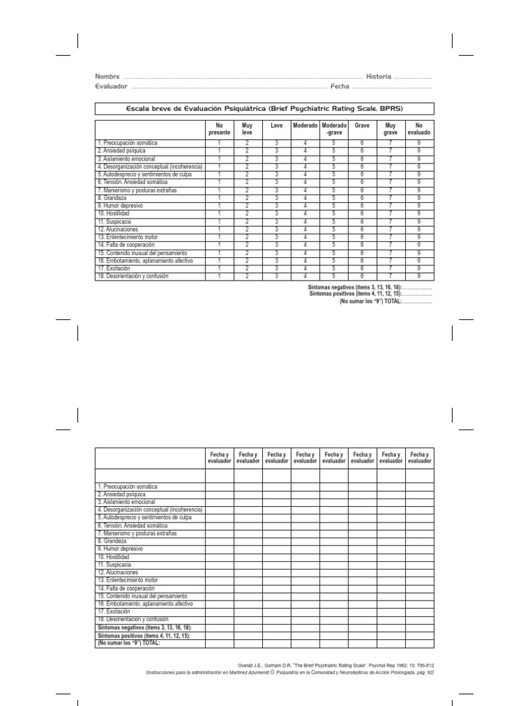 Escala breve de Evaluación Psiquiátrica (Brief Psychiatric Rating Scale ...