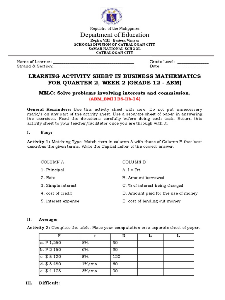 BUSINESS MATH W2 Activity Worksheet | PDF | Interest | Pawnbroker