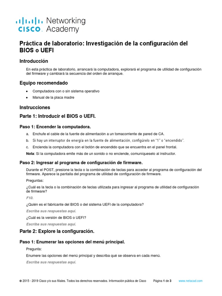 3.1.1.6 Lab - Investigate BIOS or UEFI Settings | PDF | Bios | Arranque