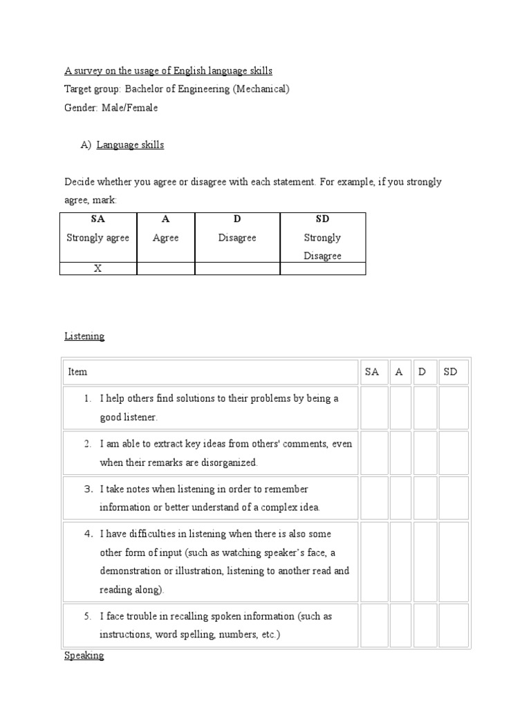 English Skills Survey for Engineering Students | PDF | Language Arts ...