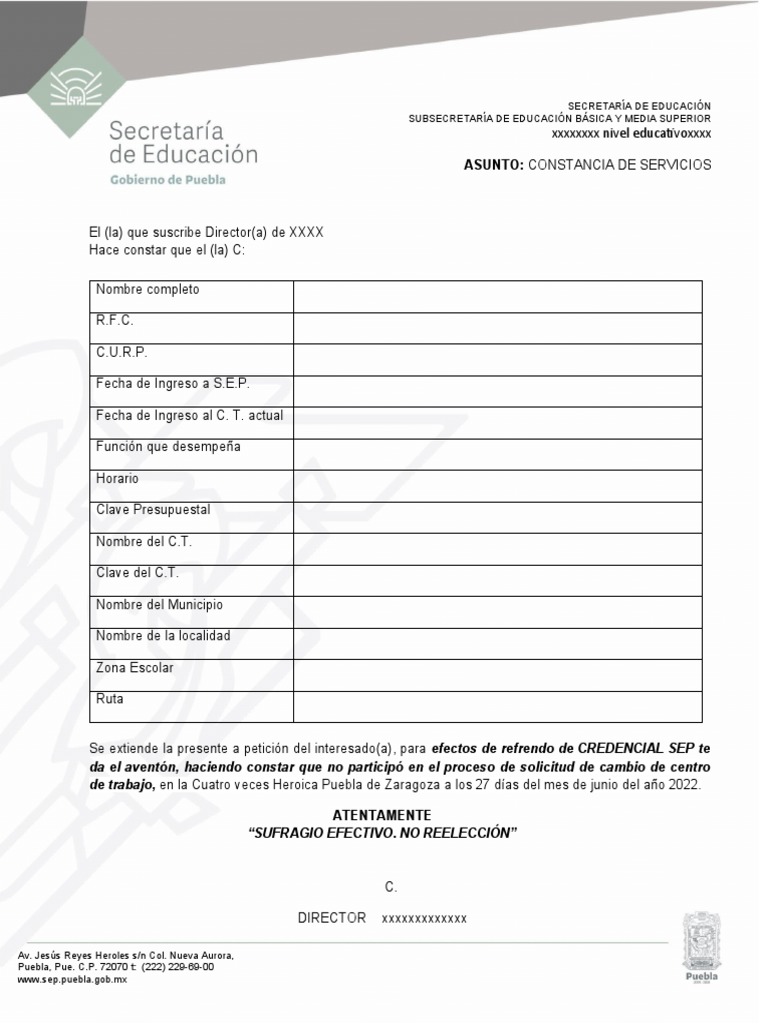 Constancia de Servicios SEP Puebla | PDF