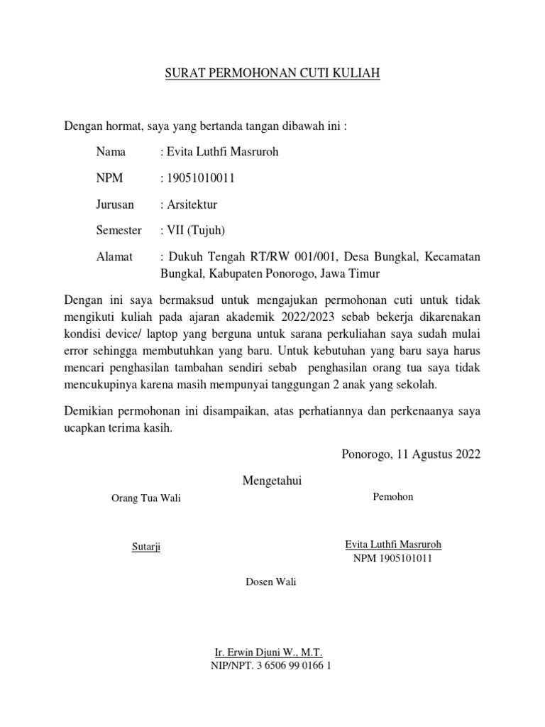 Surat Permohonan Cuti Kuliah | PDF