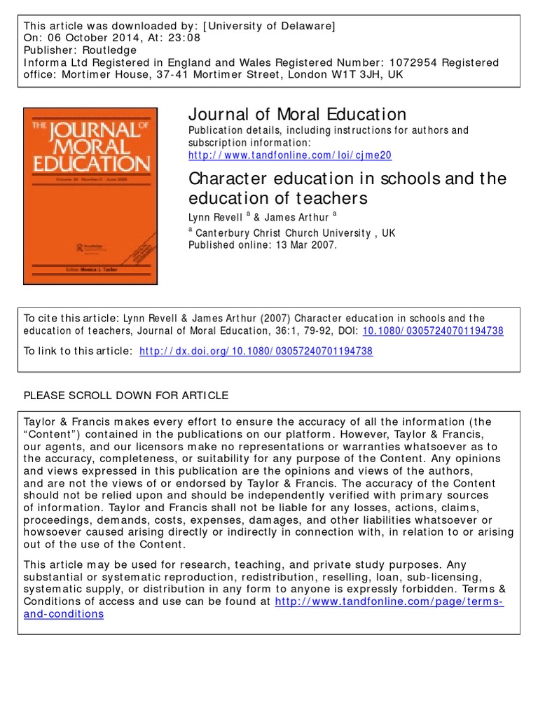 Character Education in Schools and Teacher Education | PDF | Teachers ...