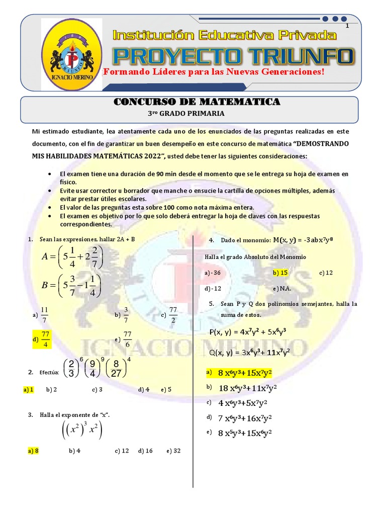 Examen 3er Primaria Clave | PDF | Matemáticas | Álgebra abstracta