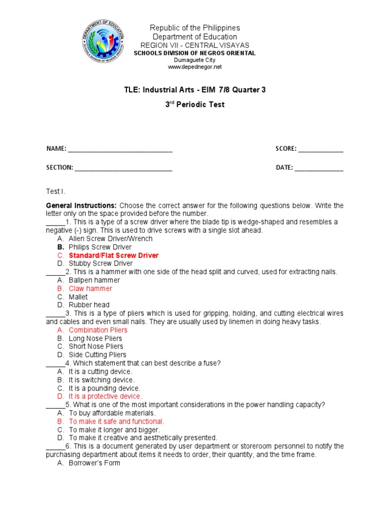 Industrial Arts - EIM 7/8 Quarter 3 3rd Periodic Test | PDF | Series ...