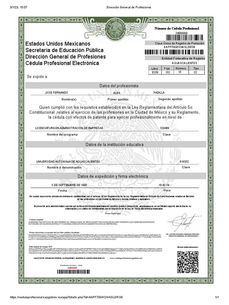 Ejemplo De Cedula Profesional