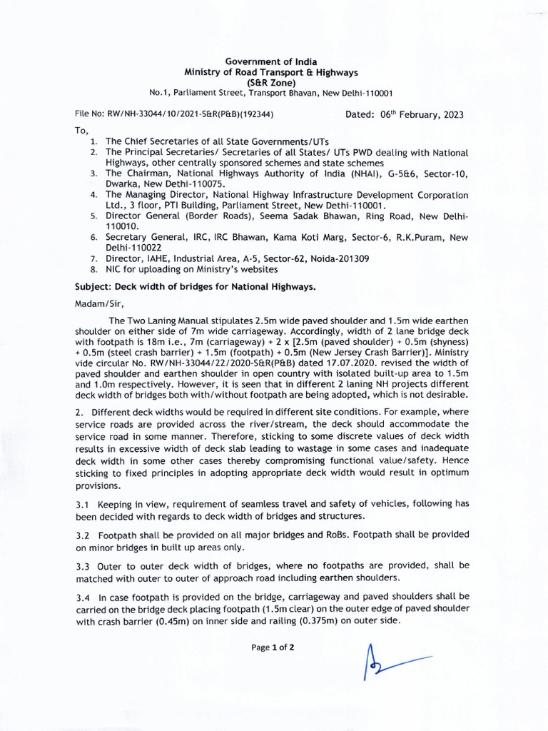Cir-Deck Width of Bridges For National Highways-Reg | PDF | Road | Road ...