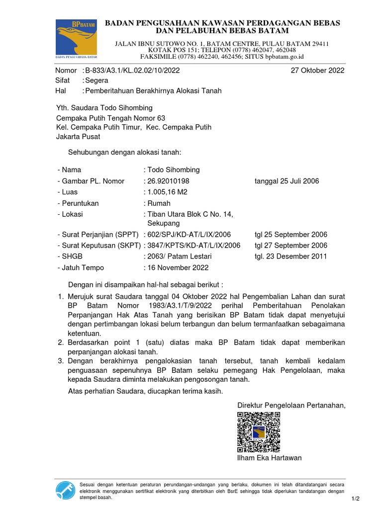 Pemberitahuan Alokasi Tanah Sihombing | PDF