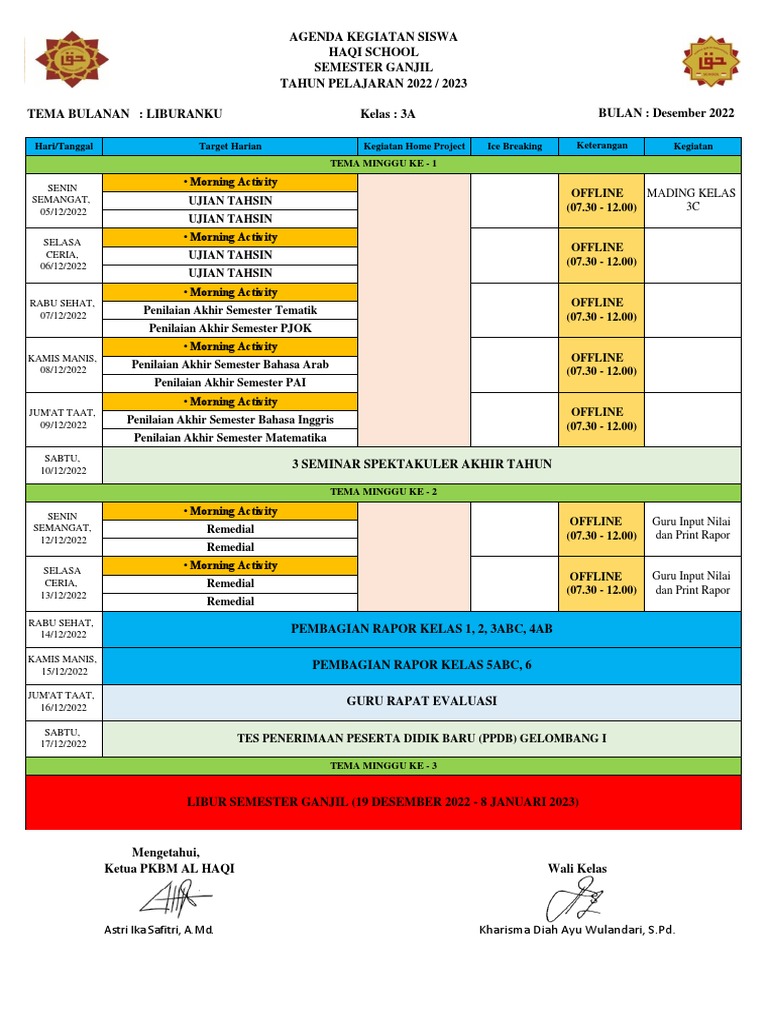 Agenda Kegiatan Desember 2022-2023 Kelas 3a | PDF