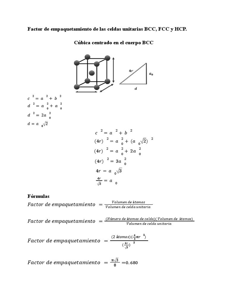 Factor de Empaquetamiento de Las Celdas Unitarias BCC, FCC y HCP | PDF ...