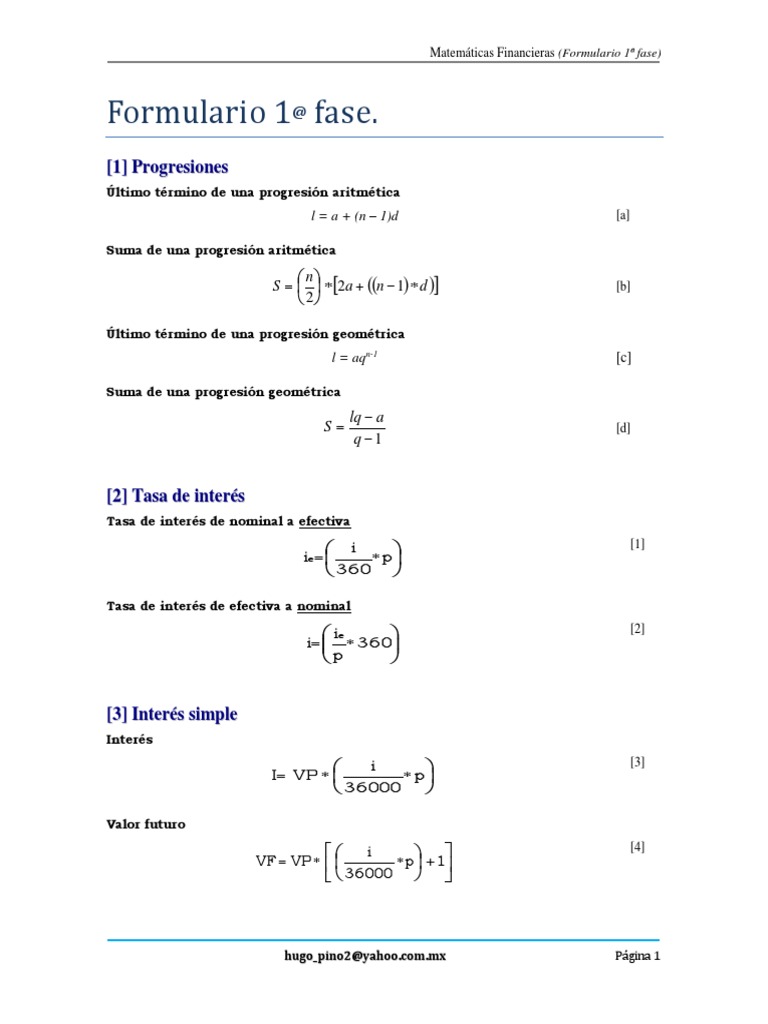 Matemáticas Financieras (Formulario 1a Fase) | PDF
