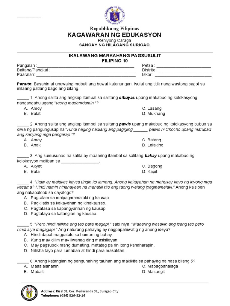 Test Questionnaire Filipino 10 Second Quarter | PDF