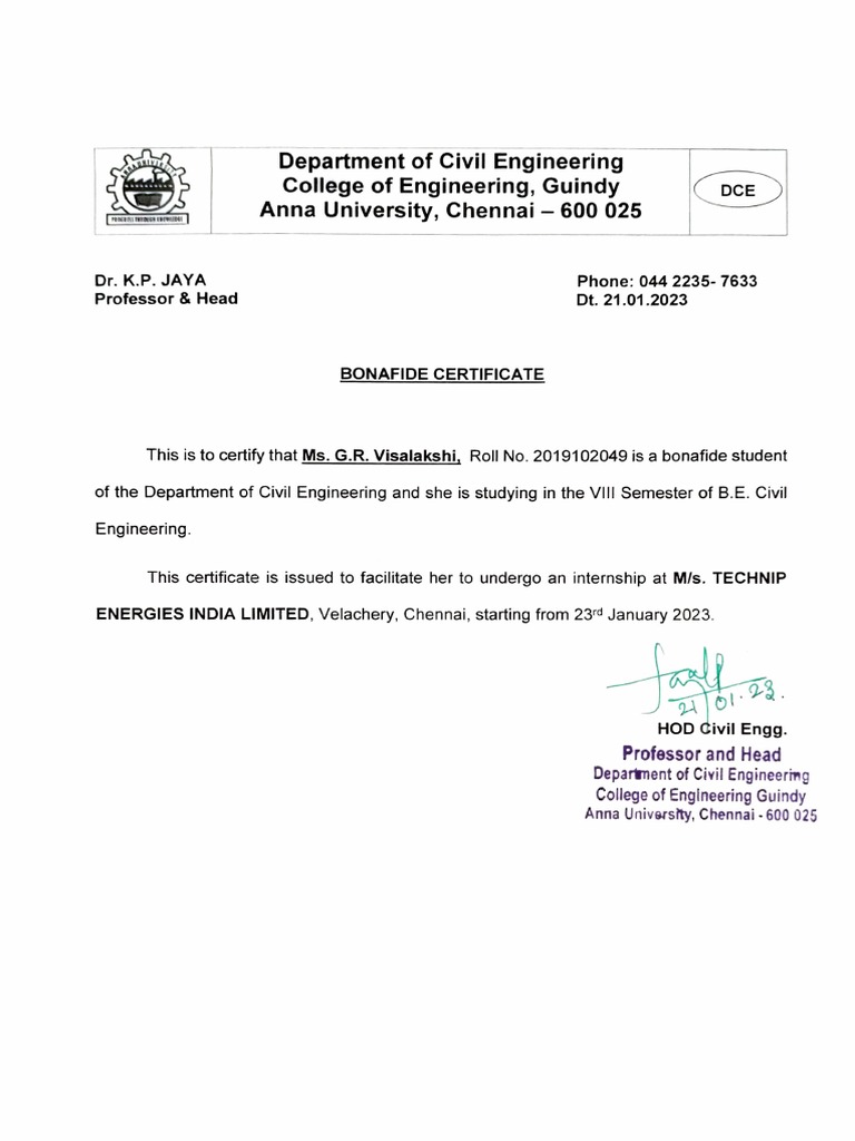 BONAFIDE CERTIFICATE FOR INTERNSHIP | PDF