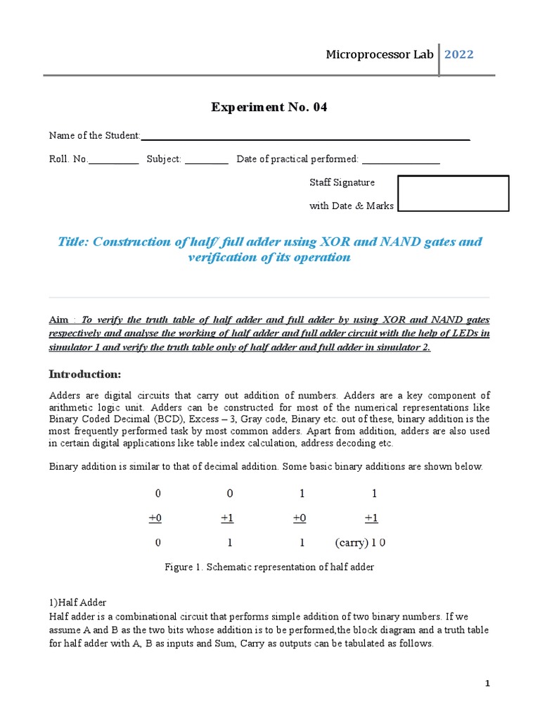 COA - Experiment No 04-Half Full Adder | PDF | Logic Gate | Electronic Design