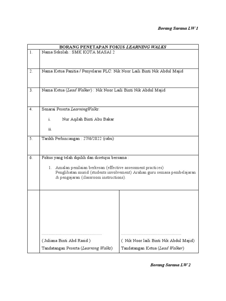 Laporan Learning Walks SMK Kota Masai 2 | PDF | Karier & Perkembangan ...