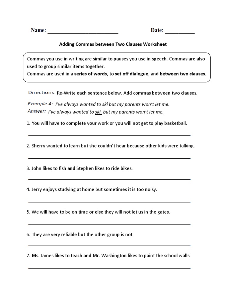 Adding Commas Between Clauses Worksheet | PDF | Language Arts ...