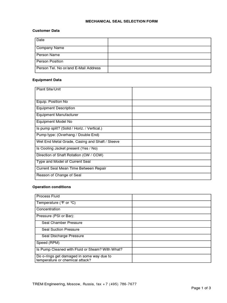 Mechanical Seal Selection Form | PDF | Pump | Gases