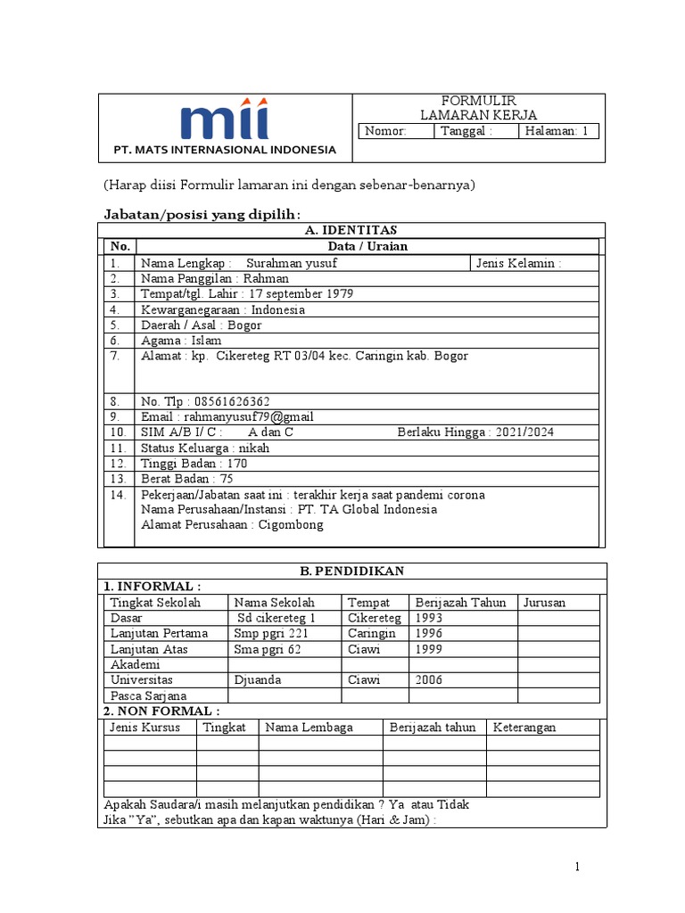 Form Lamaran Kerja PT - Mii | PDF