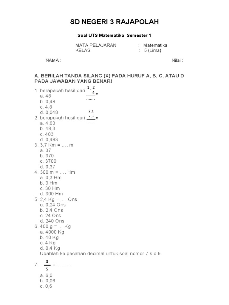 Soal UTS MTK Kelas 5 Semester 1 | PDF