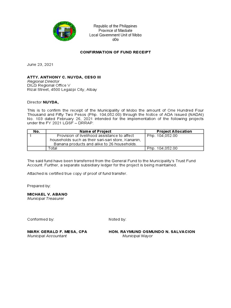 Confirmation of Fund Receipt - Mobo LGU | PDF