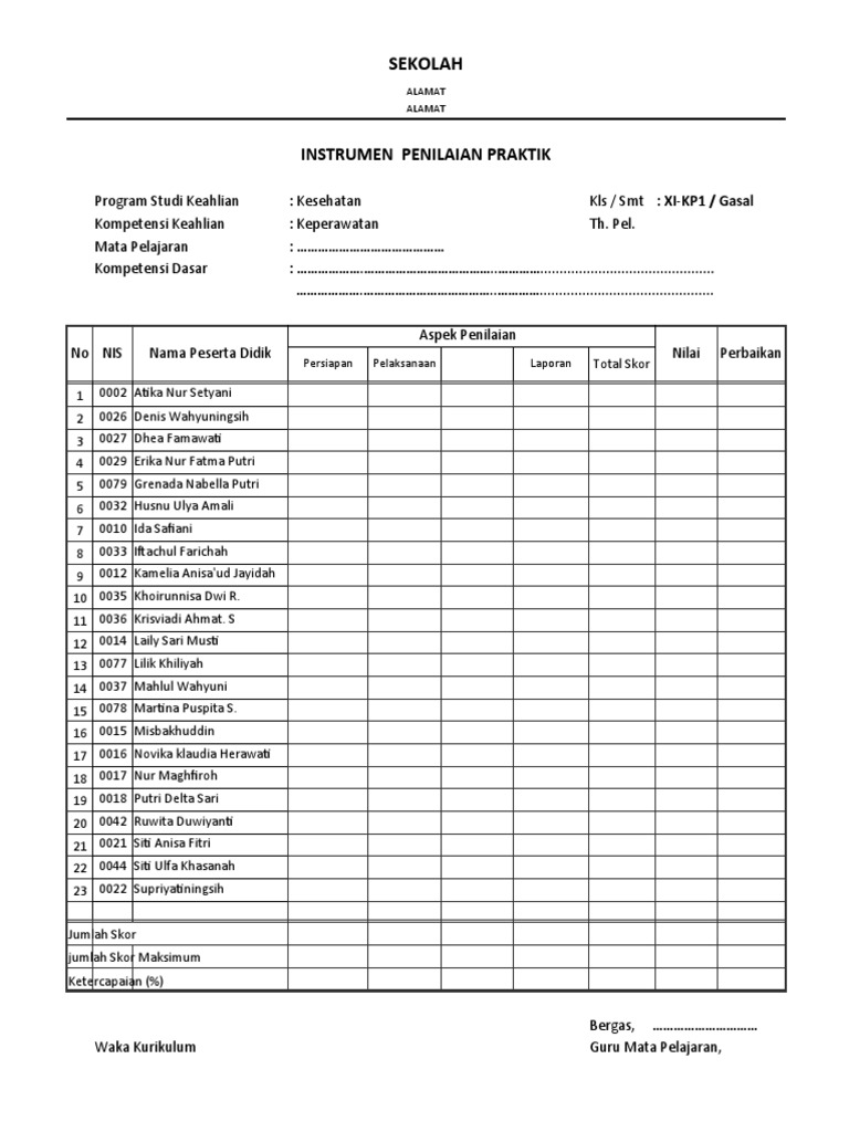 Contoh Format Penilaian Keterampilan 1 | PDF