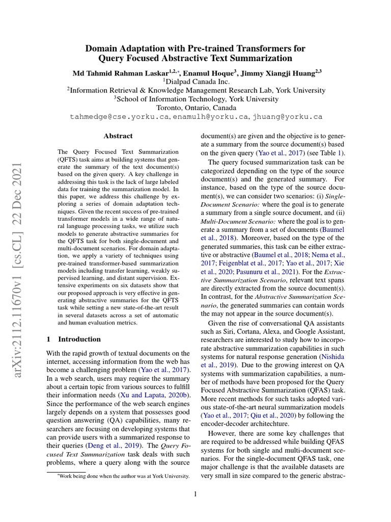 Domain Adaptation with Pre-trained Transformers for Query Focused Abstractive Text Summarization ...