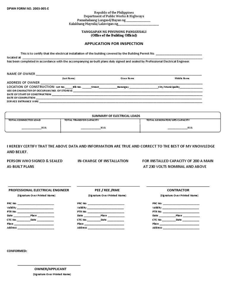 Application For Inspection | PDF | Electrical Engineering | Electricity