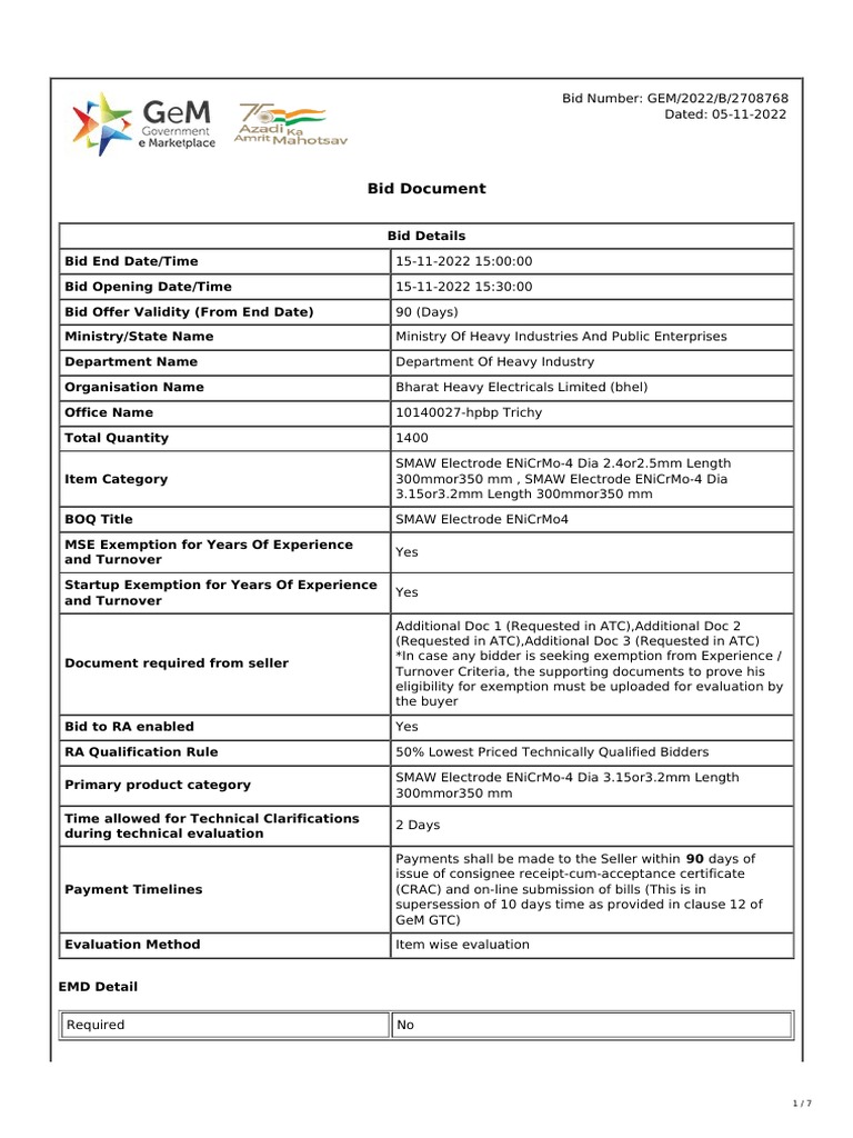 SMAW Electrode Bid Details for BHEL | PDF | Procurement | Auction