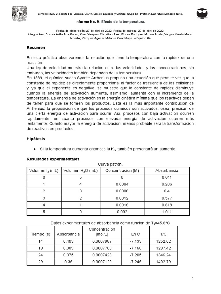 Reporte Práctica 9 Eyc Fq Unam Pdf Energía De Activación Química