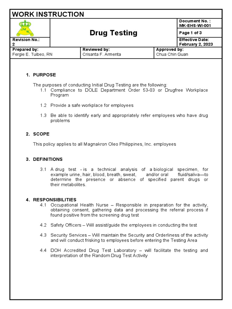 MK-EHS-WI-001 - Drug Testing Rev 002 - 02022023 | PDF | Drug Test ...