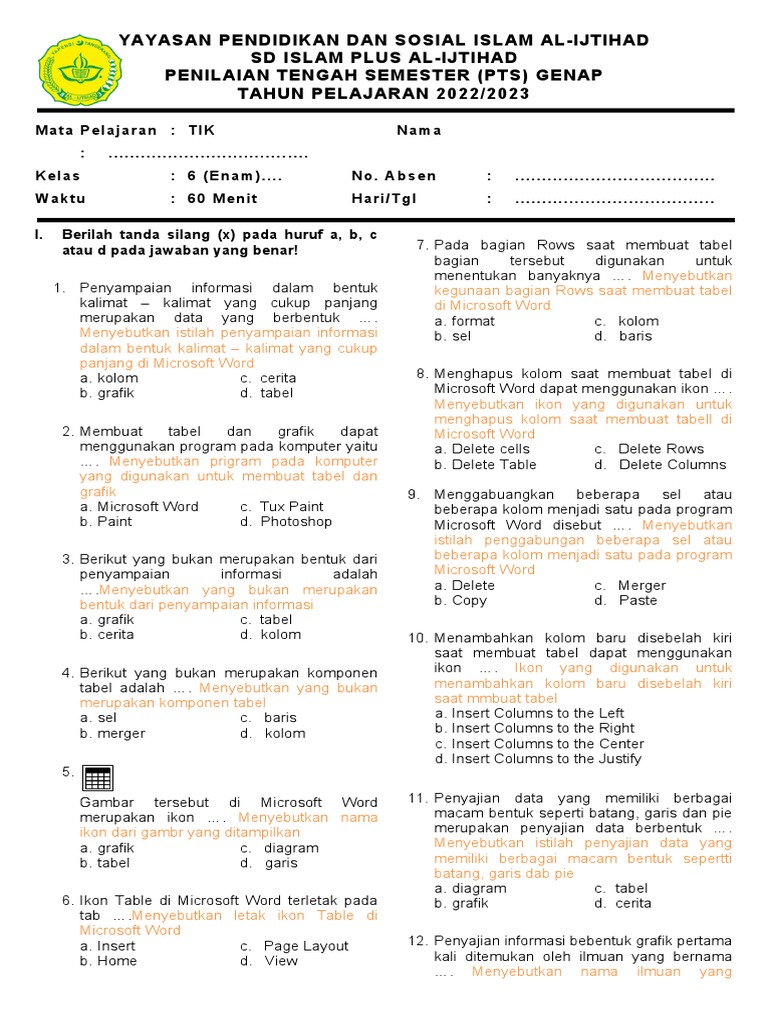 Soal TIK Kelas 6-1 | PDF