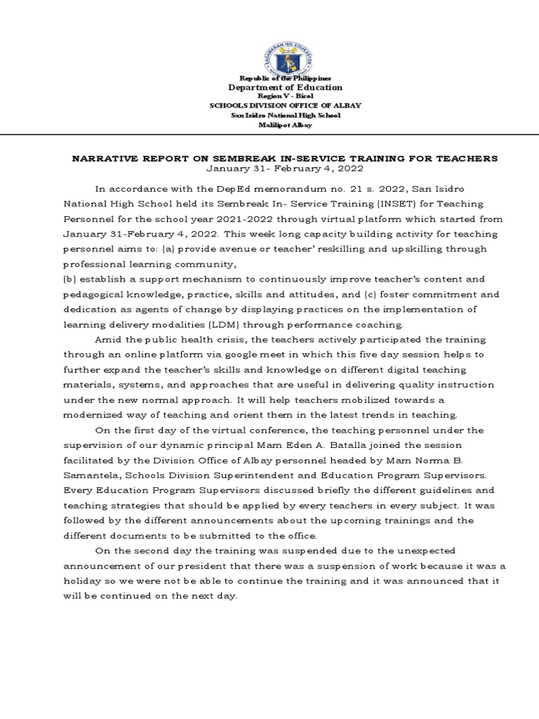 INSET Narrative Report 2022 | PDF | Teachers | Learning