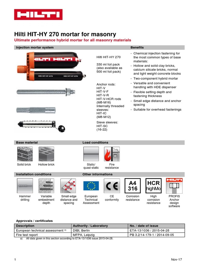 Technical Data Sheet For HIT HY 270 Injectable Anchor Mortar For ...