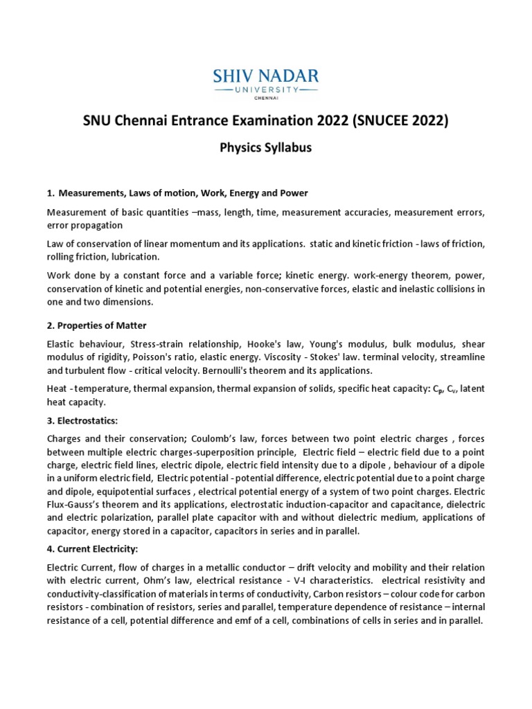 Physics Syllabus SNUCEE 2022 | PDF | Magnetic Field | Electromagnetic ...