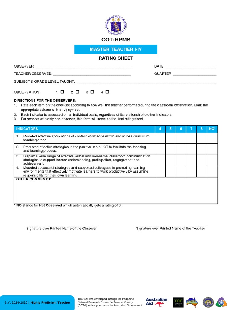 (Appendix C-07) COT-RPMS Rating Sheet For MT I-IV For SY 2024-2025 ...